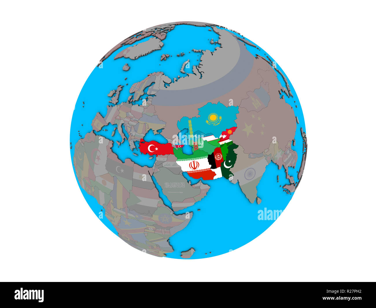 ECO member states with embedded national flags on blue political 3D ...