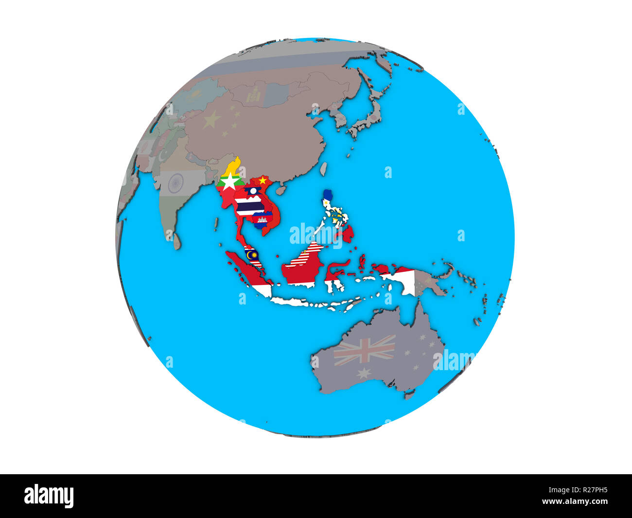 ASEAN memeber states with embedded national flags on blue political 3D ...