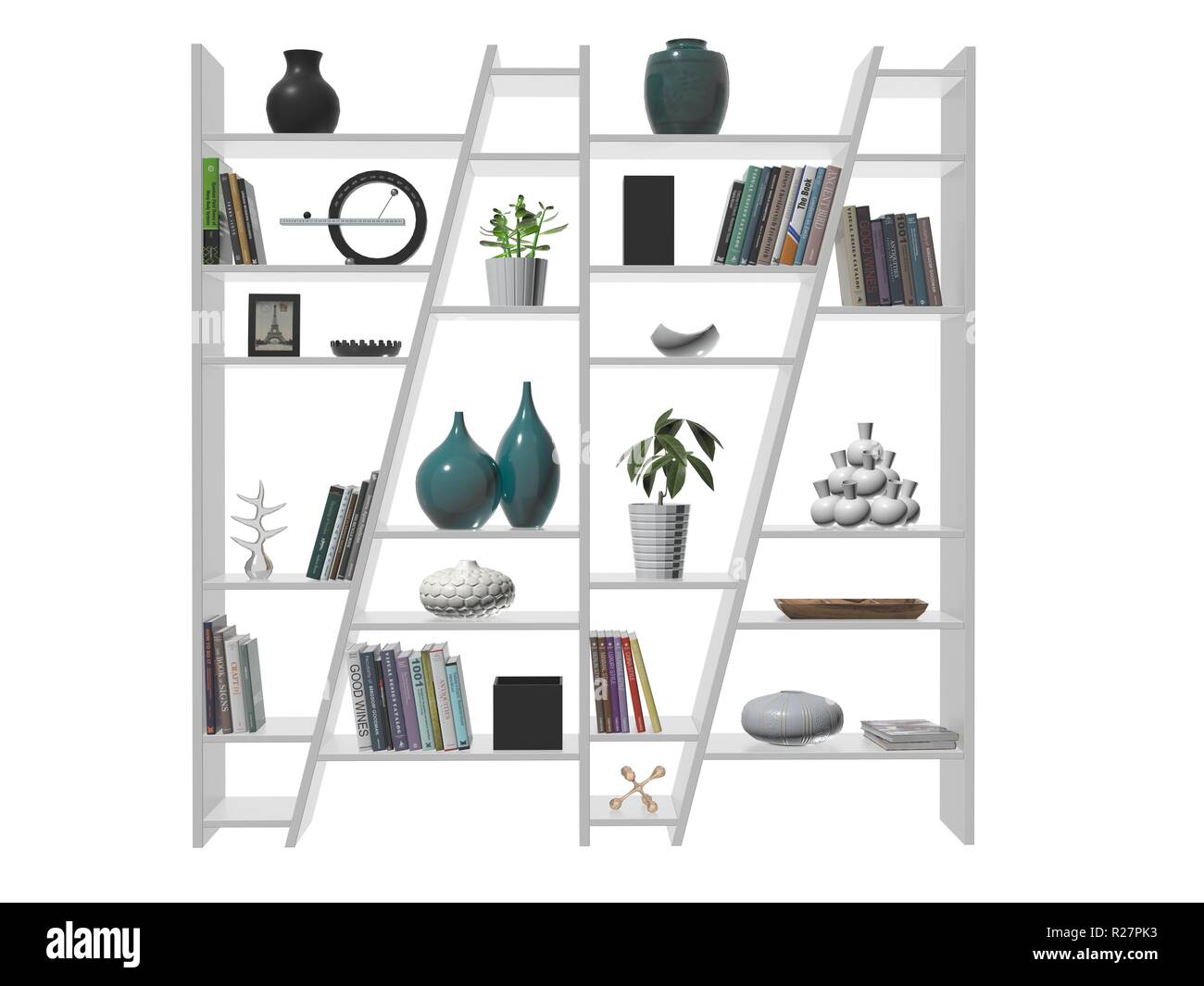 3d render wall bookshelf with objects Stock Photo - Alamy