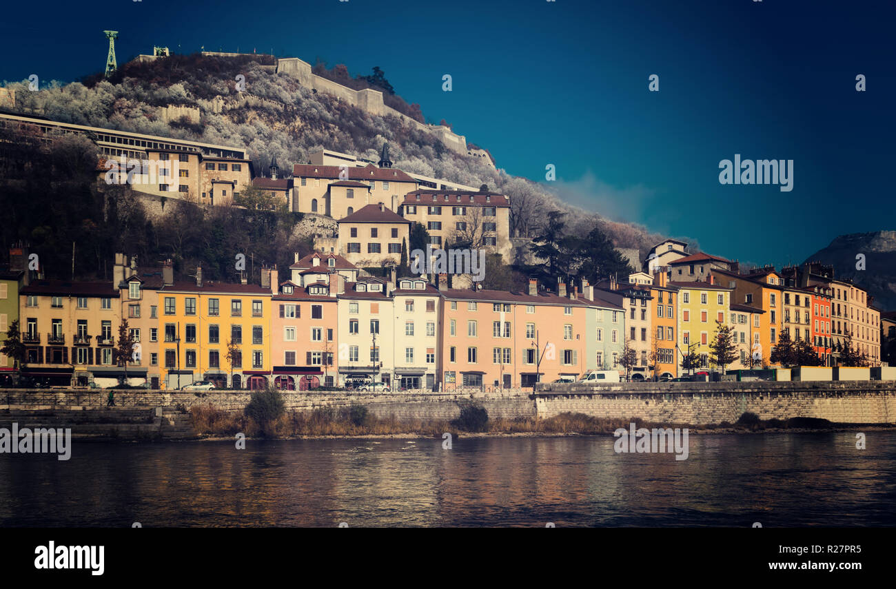 Townscape of right bank of Isere river in Grenoble, France Stock Photo ...