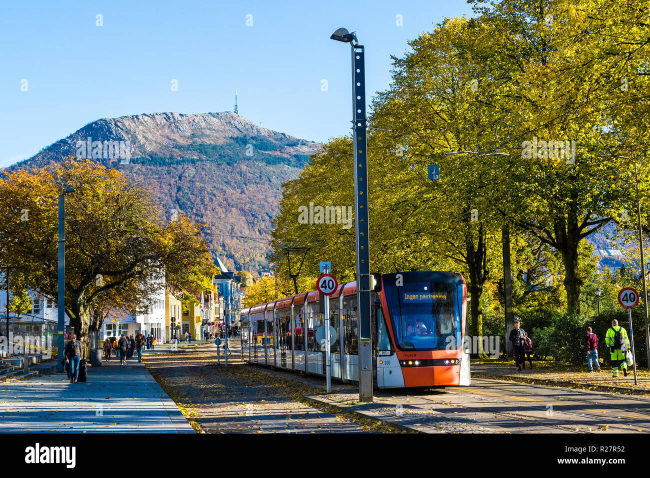 Light train Bybanen in Kaigaten, Byparken, downtown Bergen, Norway ...