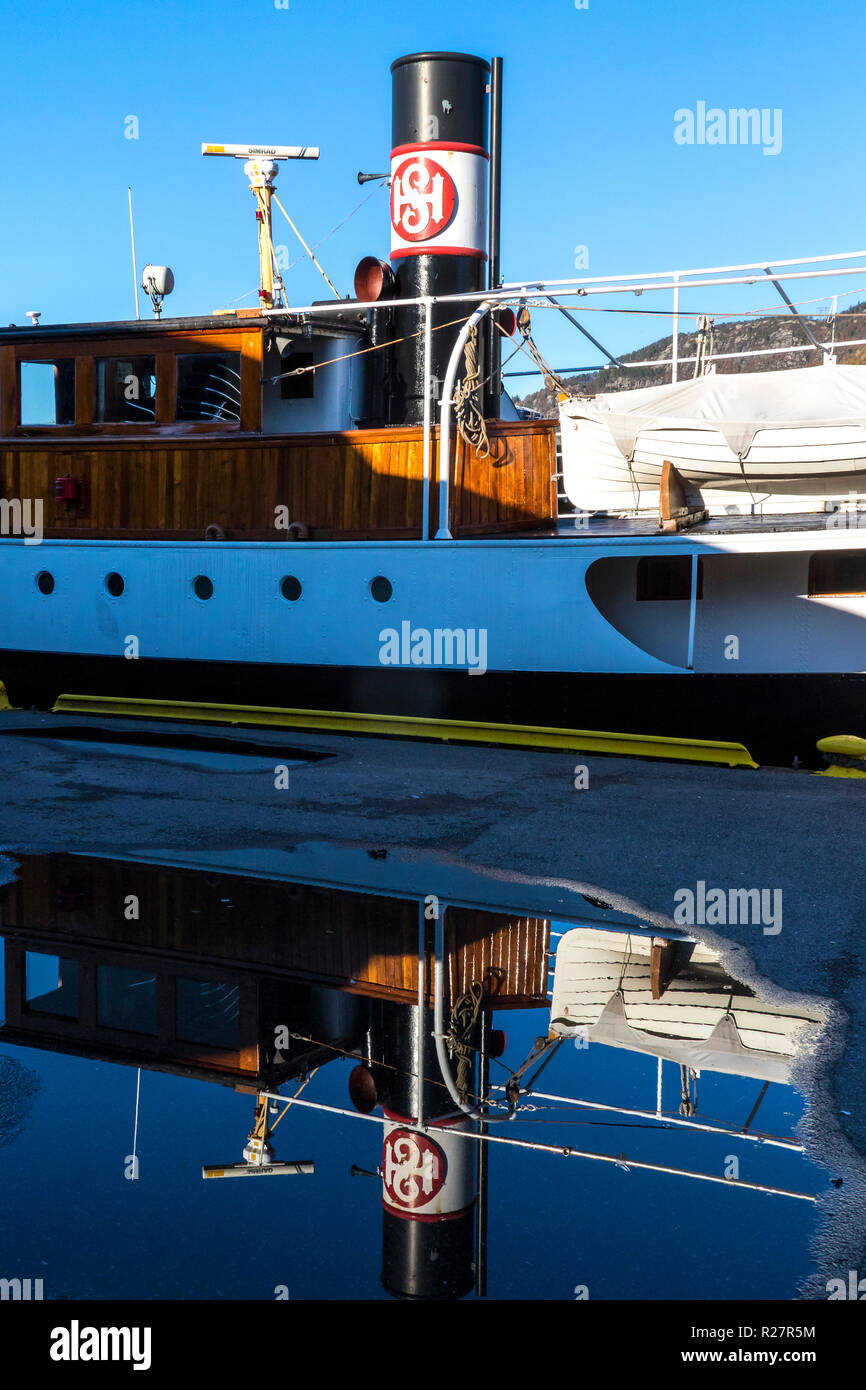 Funnel and midship of veteran steamship Granvin in the port of Bergen ...