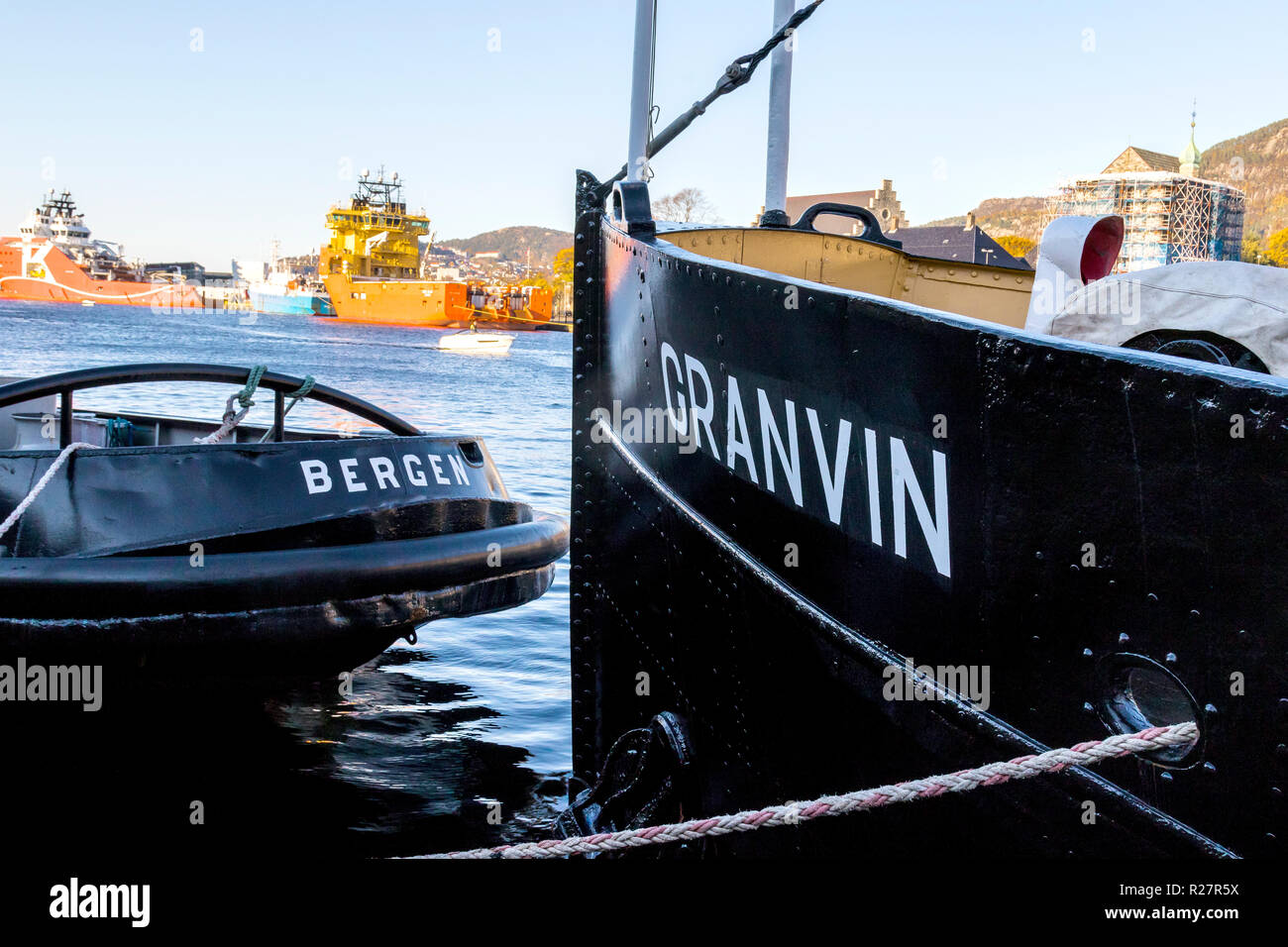 Bow of veteran steamship Granvin in the port of Bergen, Norway. Also ...