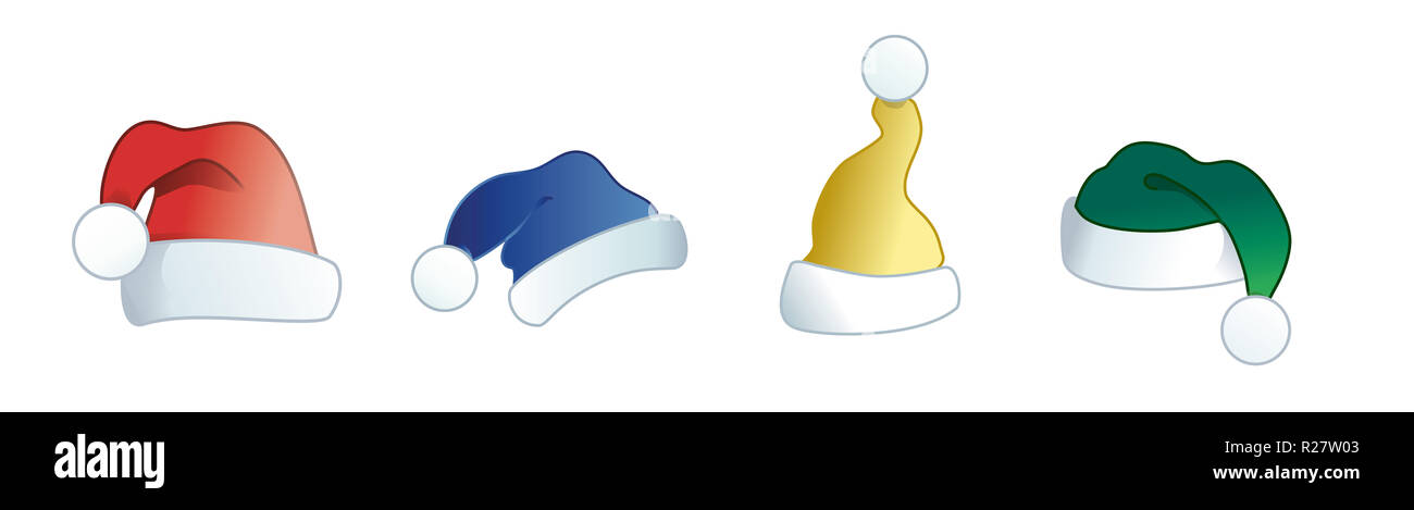 Set of colorful Santa Claus hats isolated on white background Stock ...