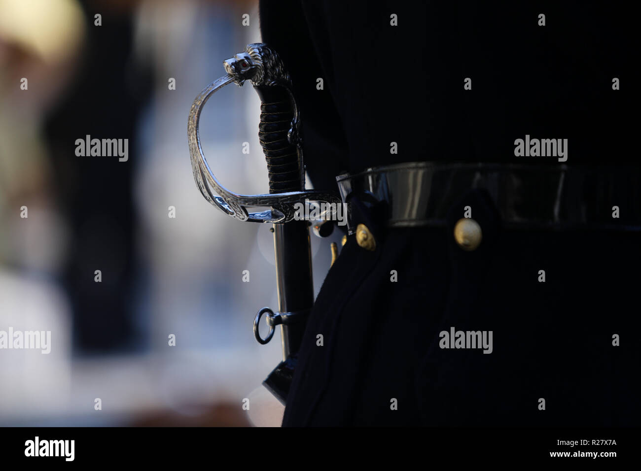 Details with the sword and uniform of a French honor guard soldier ...