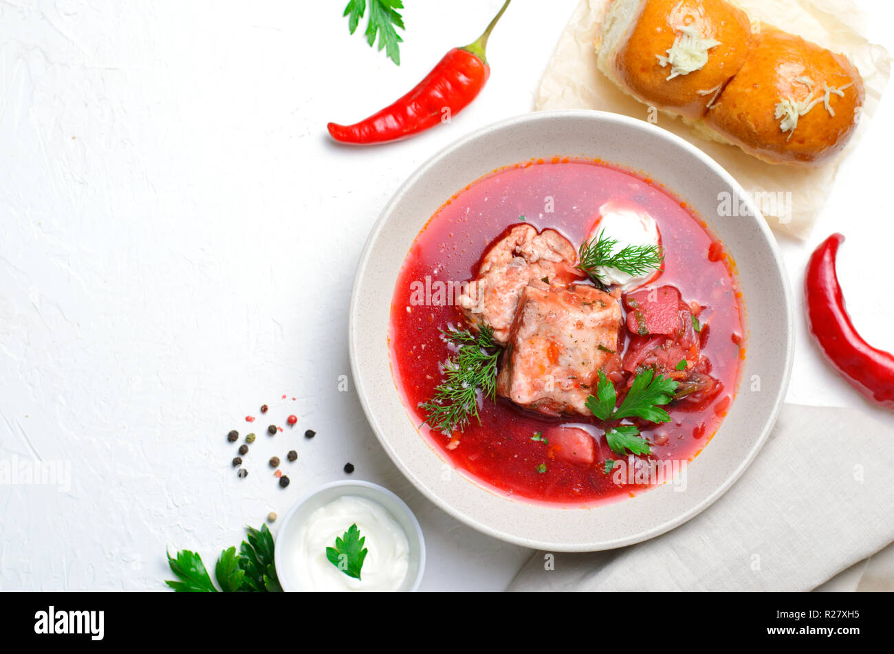 Borscht, Red Soup Made of Beetroot and Vegetables with Pork Ribs and ...