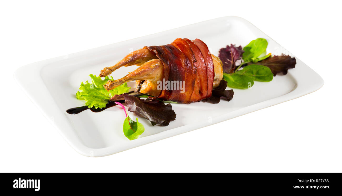 Photography of plate with baked in bacon quail with balsamic sauce ...