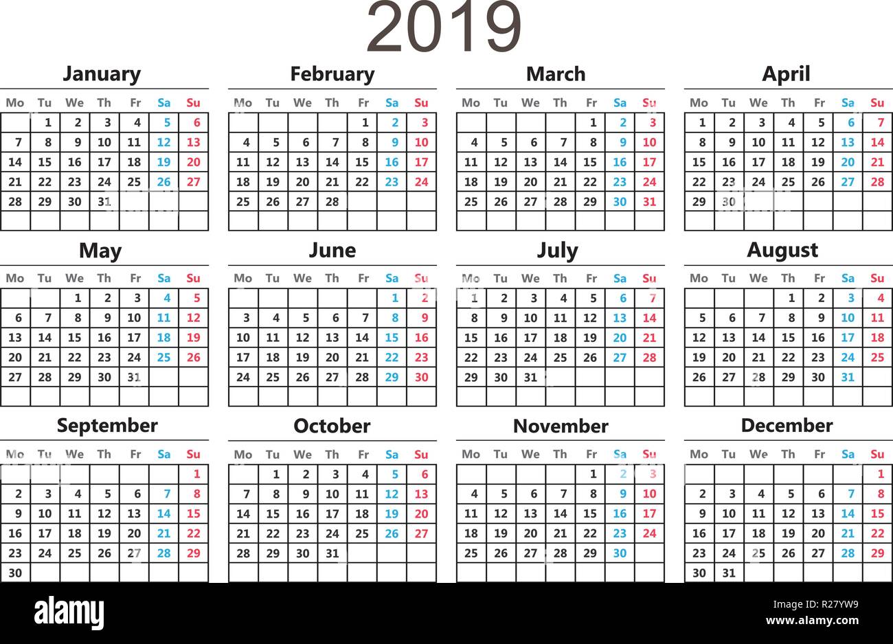 Calendar 2019. Vector illustration. Flat design. Isolated on White ...