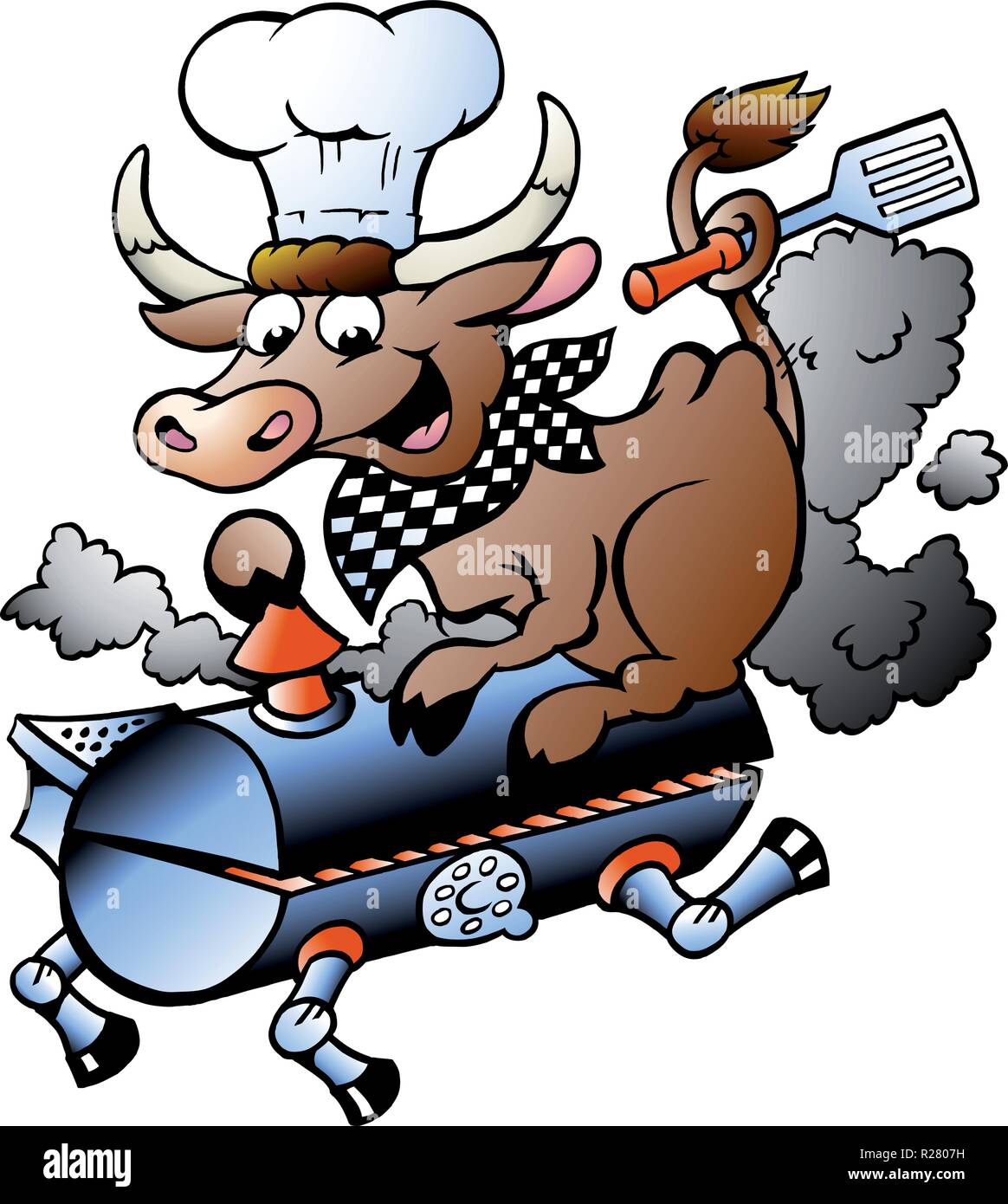 Hand-drawn Vector illustration of an Chef Cow riding a BBQ barrel Stock ...
