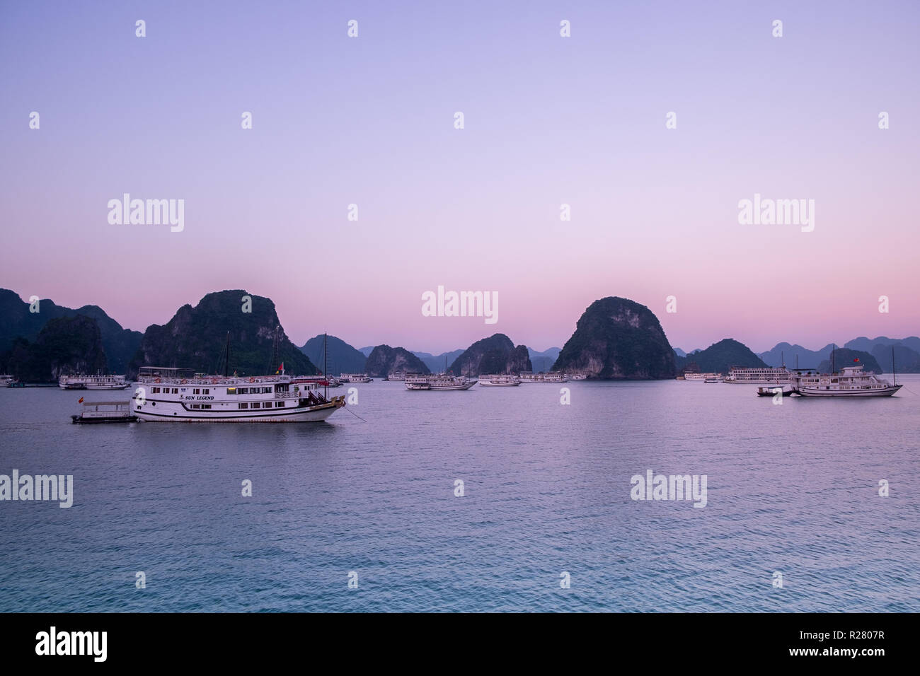 Panoramic view of Ha Long Bay in the sunset. Located in the north of ...