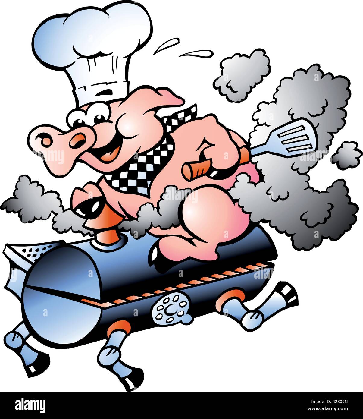 Hand-drawn Vector illustration of an Chef Pig riding an BBQ barrel ...