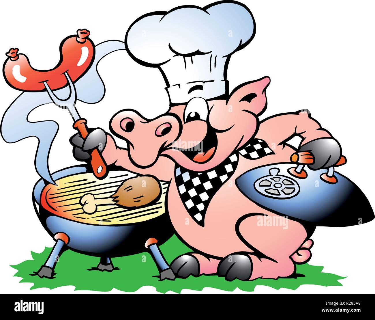 Hand-drawn Vector illustration of an Chef Pig standing and making BBQ ...