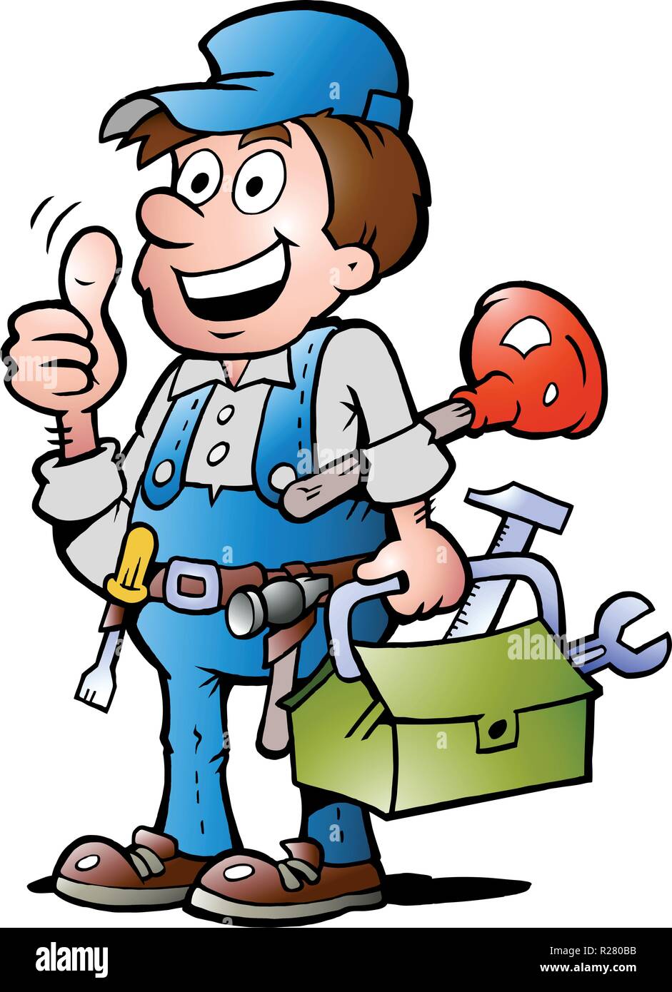 Hand-drawn Vector illustration of an happy Plumber Handyman, giving ...