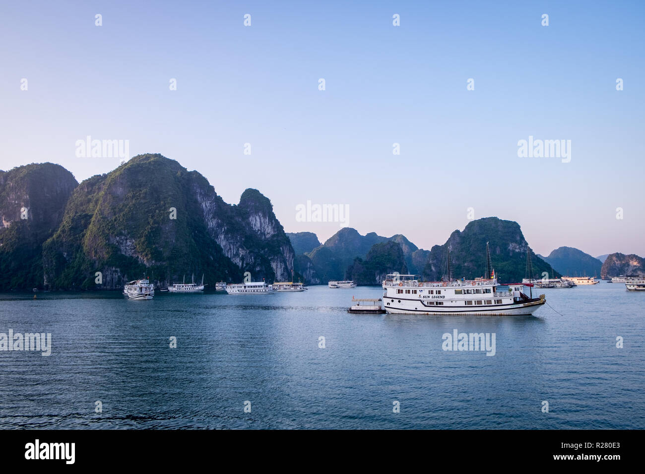 Panoramic view of Ha Long Bay in the sunset. Located in the north of ...