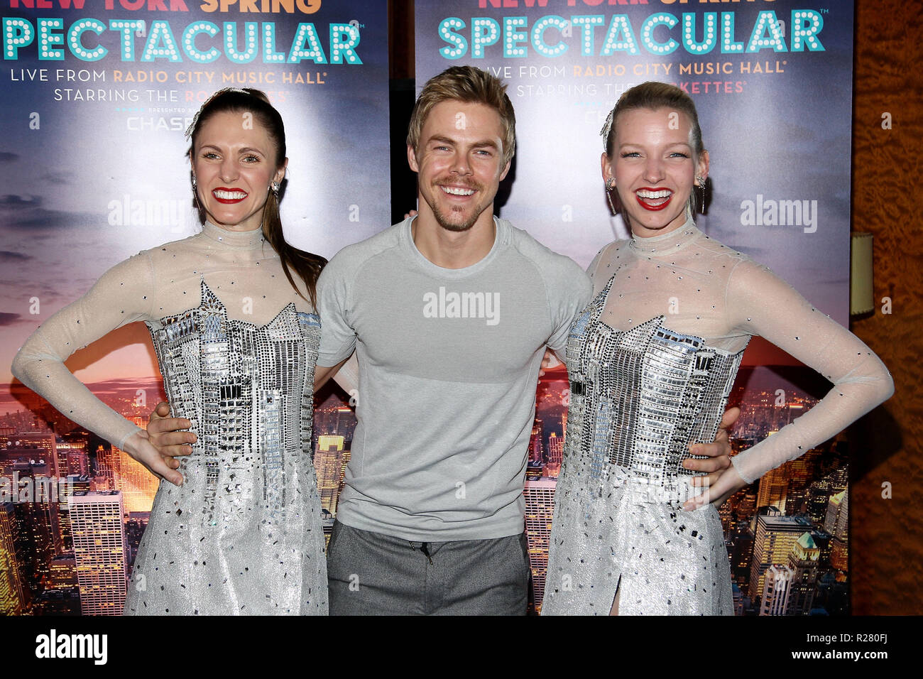 NEW YORK, NY - FEBRUARY 18: Derek Hough (middle) poses with Rockettes ...