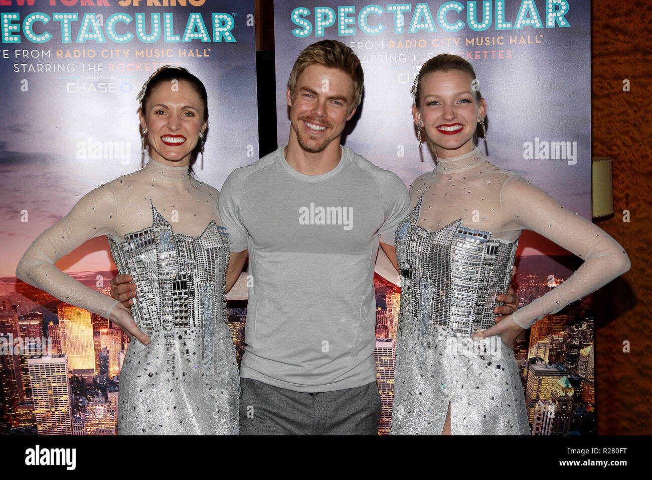 NEW YORK, NY - FEBRUARY 18: Derek Hough (middle) poses with Rockettes ...