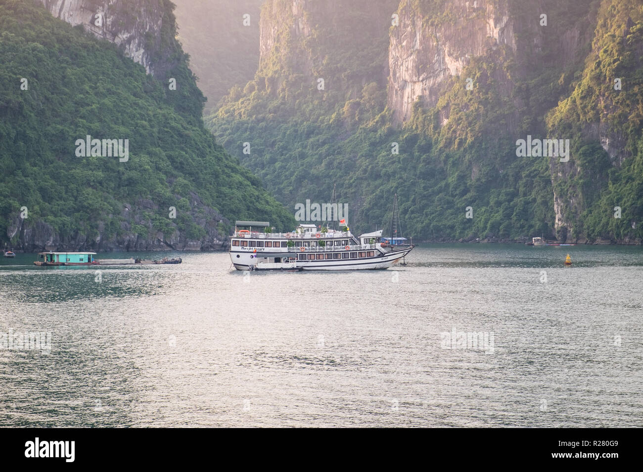 Panoramic view of Ha Long Bay in the sunset. Located in the north of ...