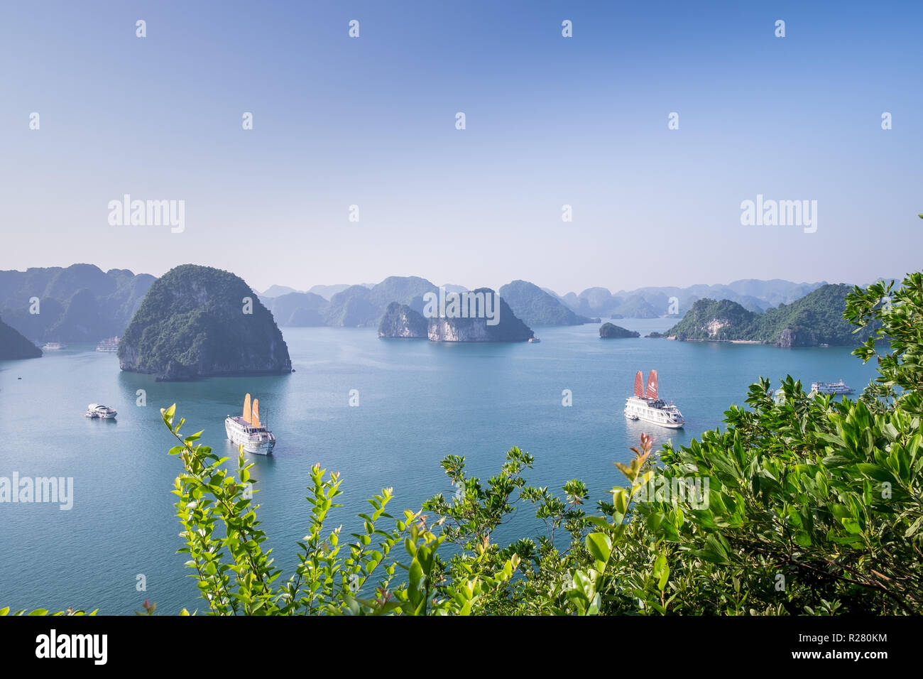 Panoramic view of Ha Long Bay in the sunset. Located in the north of ...