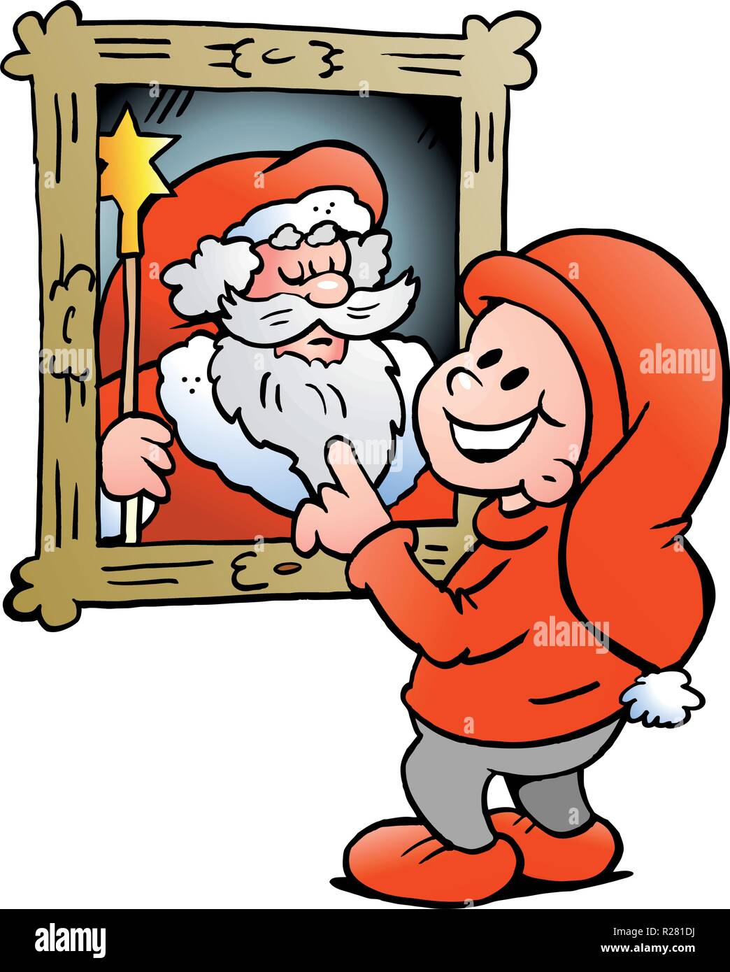 Hand-drawn Vector illustration of an Happy Christmas Elf looking at a ...