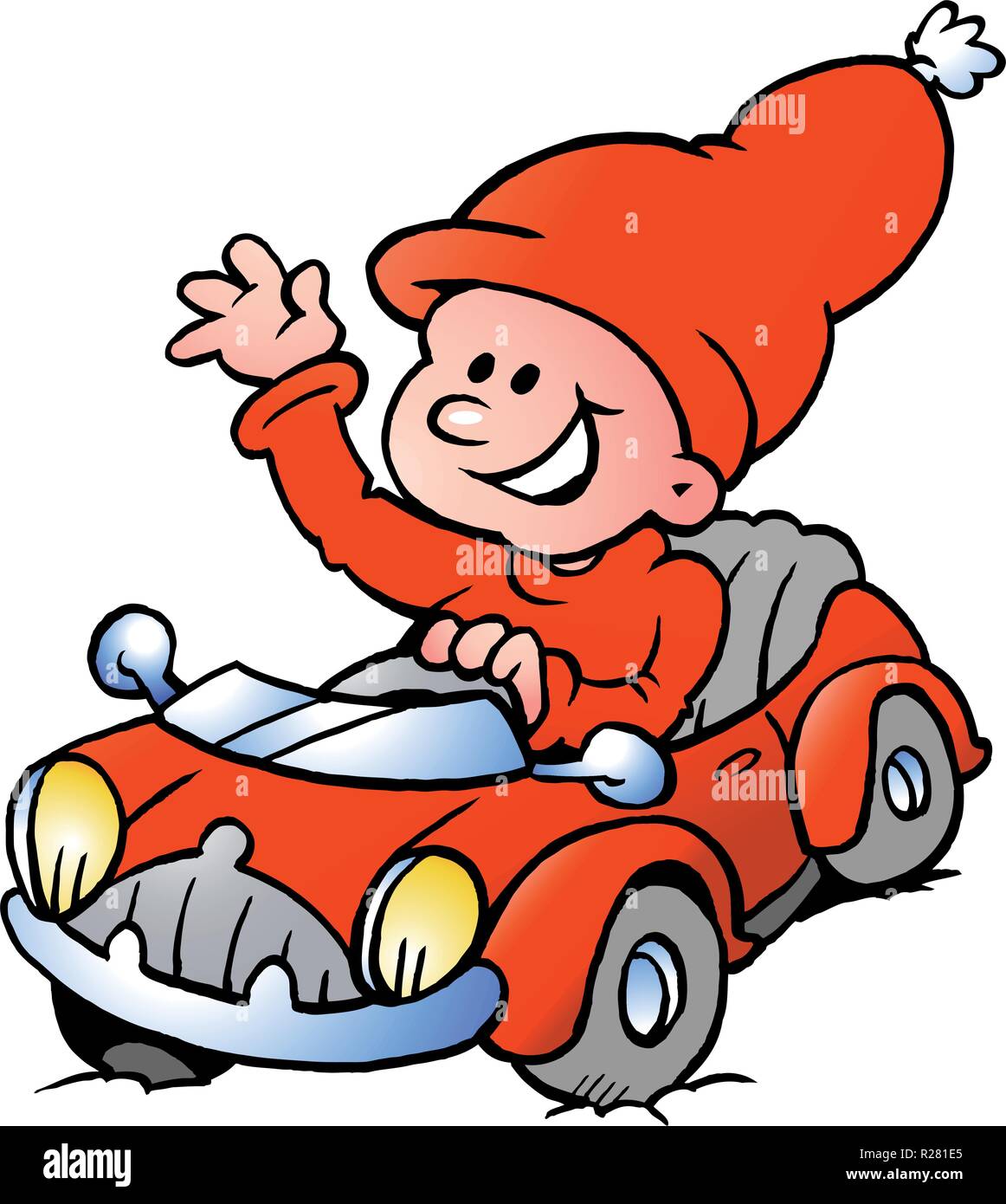 Hand-drawn Vector illustration of an Happy Christmas Elf driving in a ...