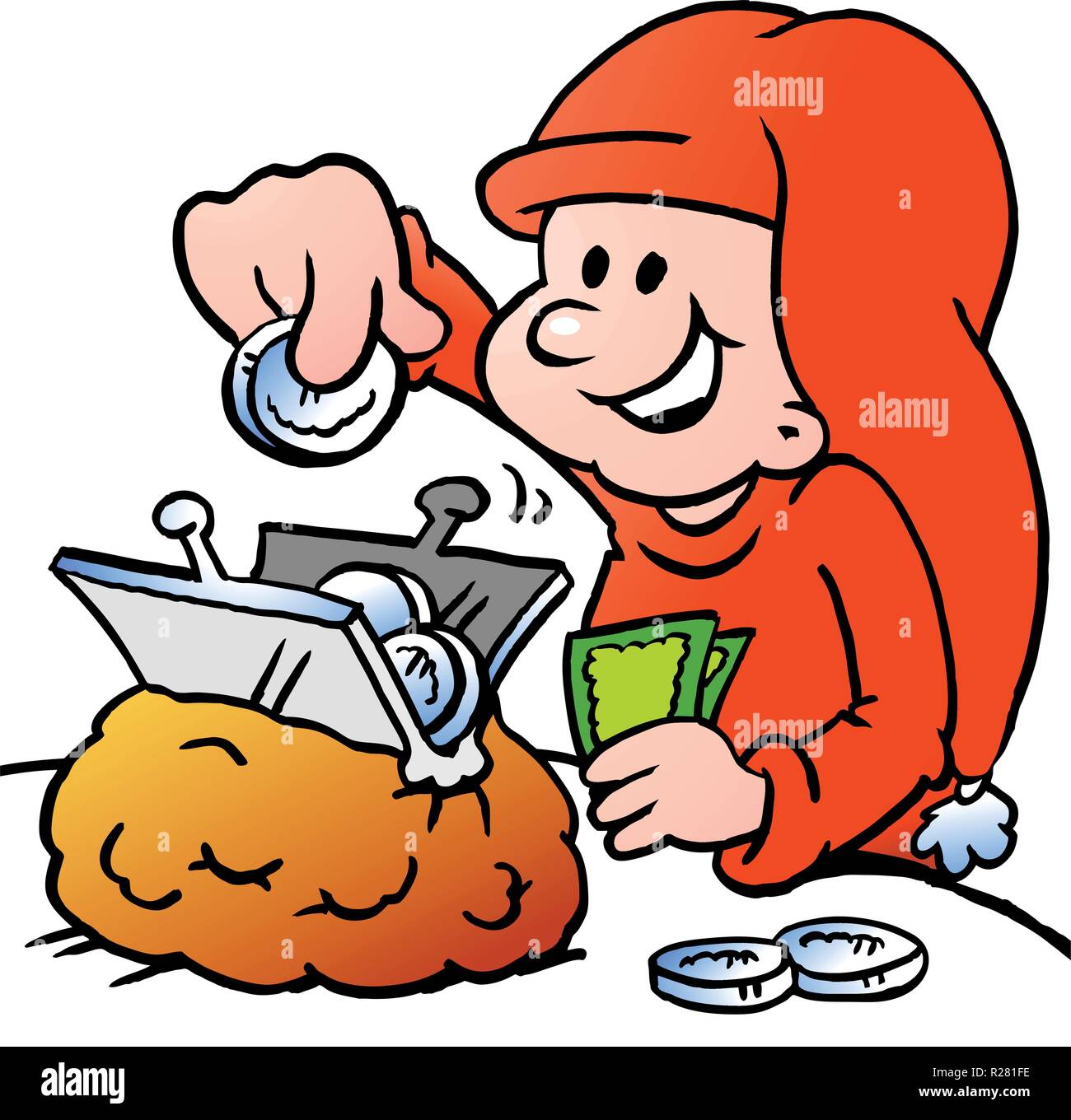 Hand-drawn Vector illustration of an Happy Christmas Elf saving money ...
