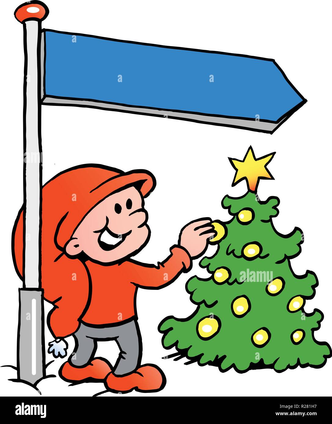 Hand-drawn Vector illustration of an Happy Christmas Elf looking at a ...
