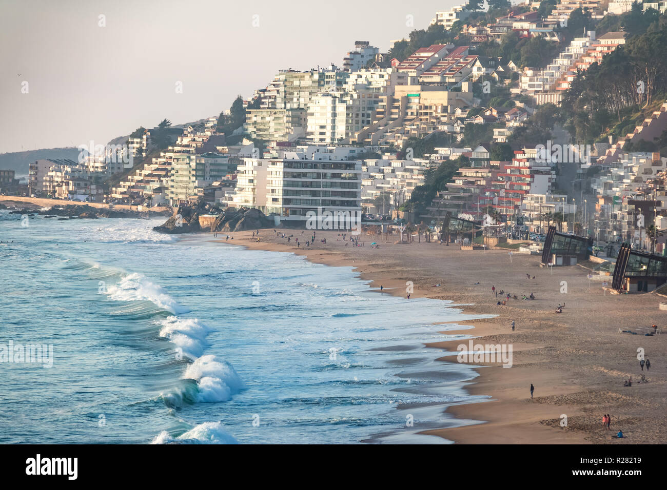 Aerial view of Renaca Beach at sunset - Vina del Mar, Chile Stock Photo ...
