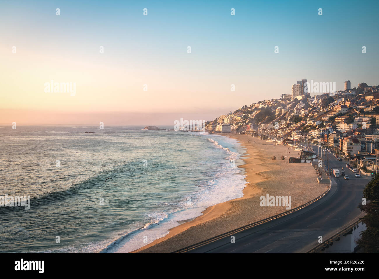 Aerial view of Renaca Beach at sunset - Vina del Mar, Chile Stock Photo ...