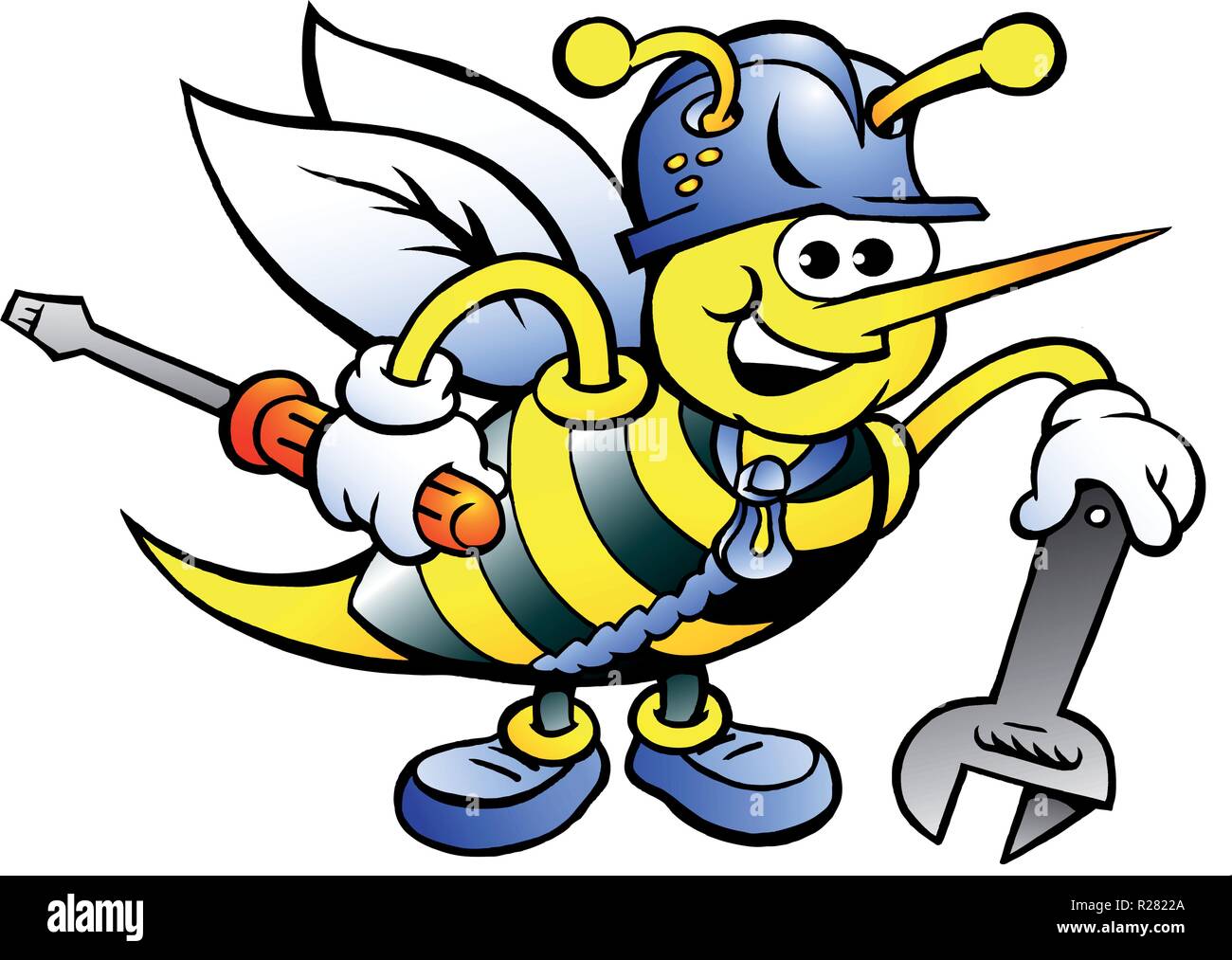 Hand-drawn Vector illustration of an Happy Working Bee Holding Wrench ...