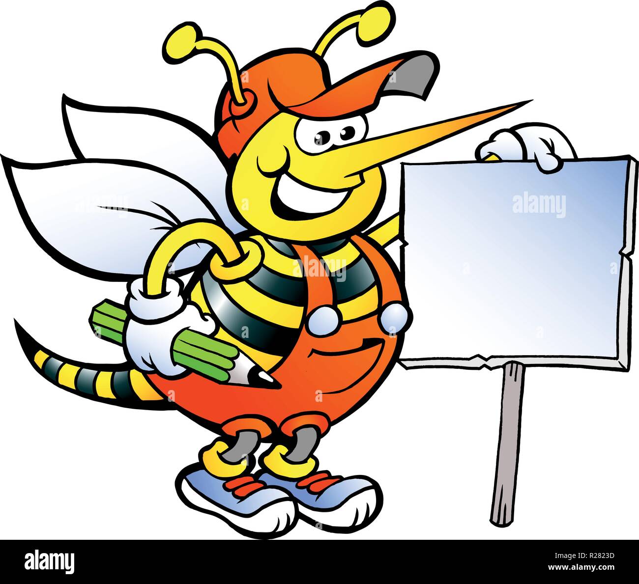 Hand-drawn Vector illustration of an Happy Working Bee Holding a Sign ...