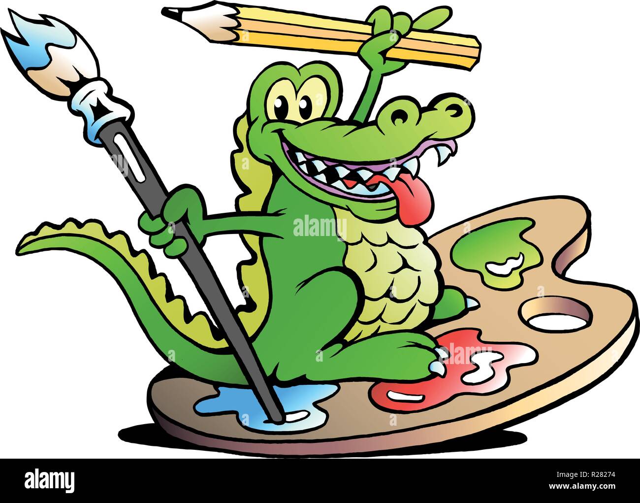 Hand-drawn Vector illustration of an Happy Creative Artist Crocodile ...