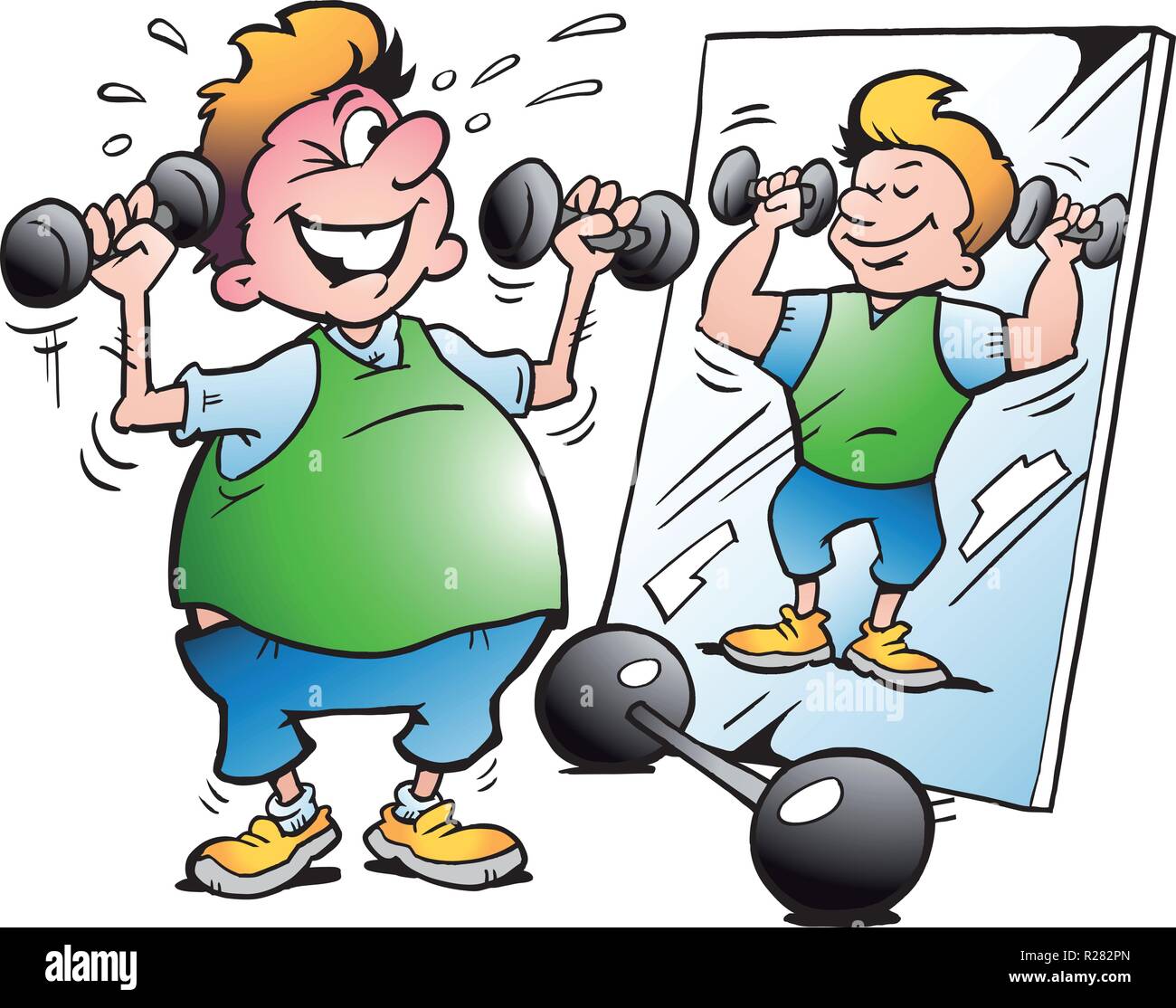 Vector Cartoon illustration of a Fat Motion Man making Fitness Stock ...