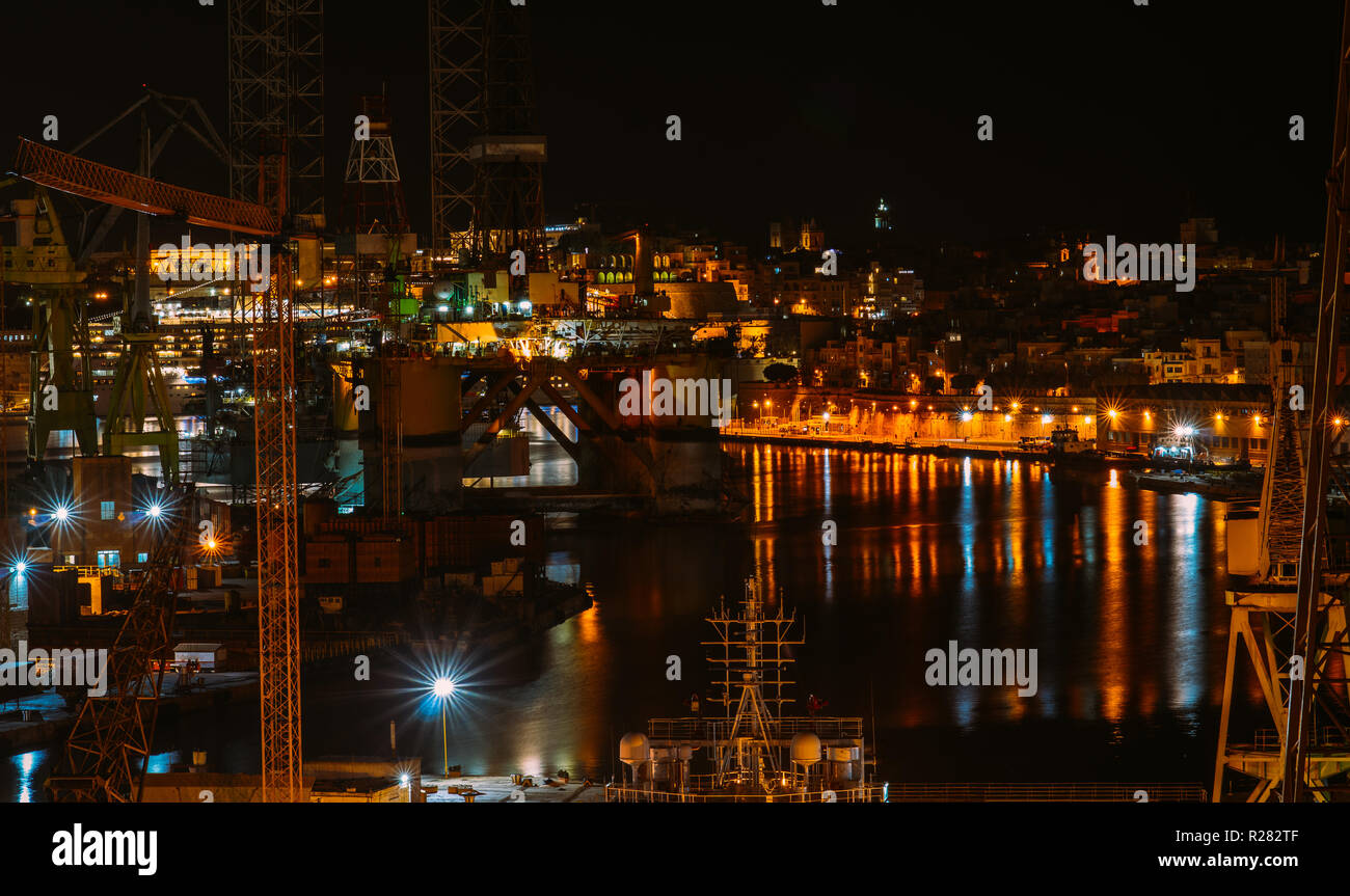 Night view to docks in Senglea, Malta Stock Photo - Alamy