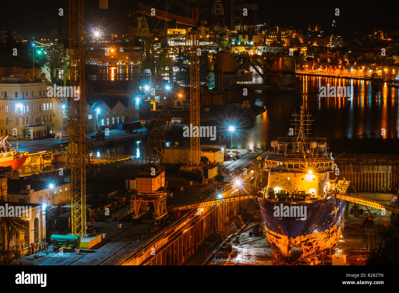 Night view to docks in Senglea, Malta Stock Photo - Alamy