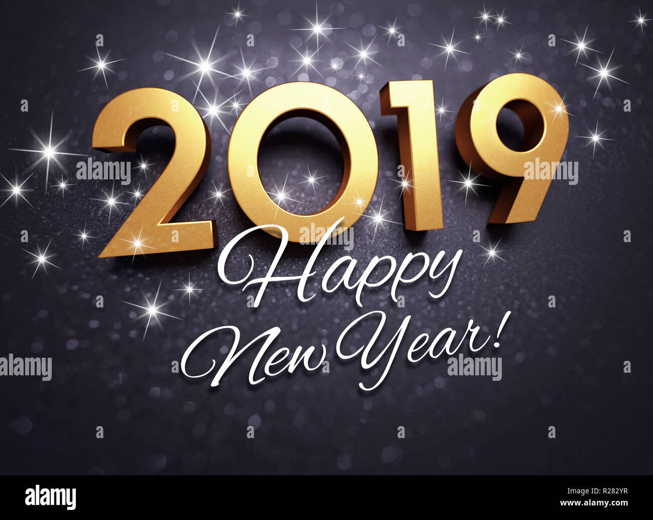 Happy New Year greetings and 2019 date number colored in gold, on a ...