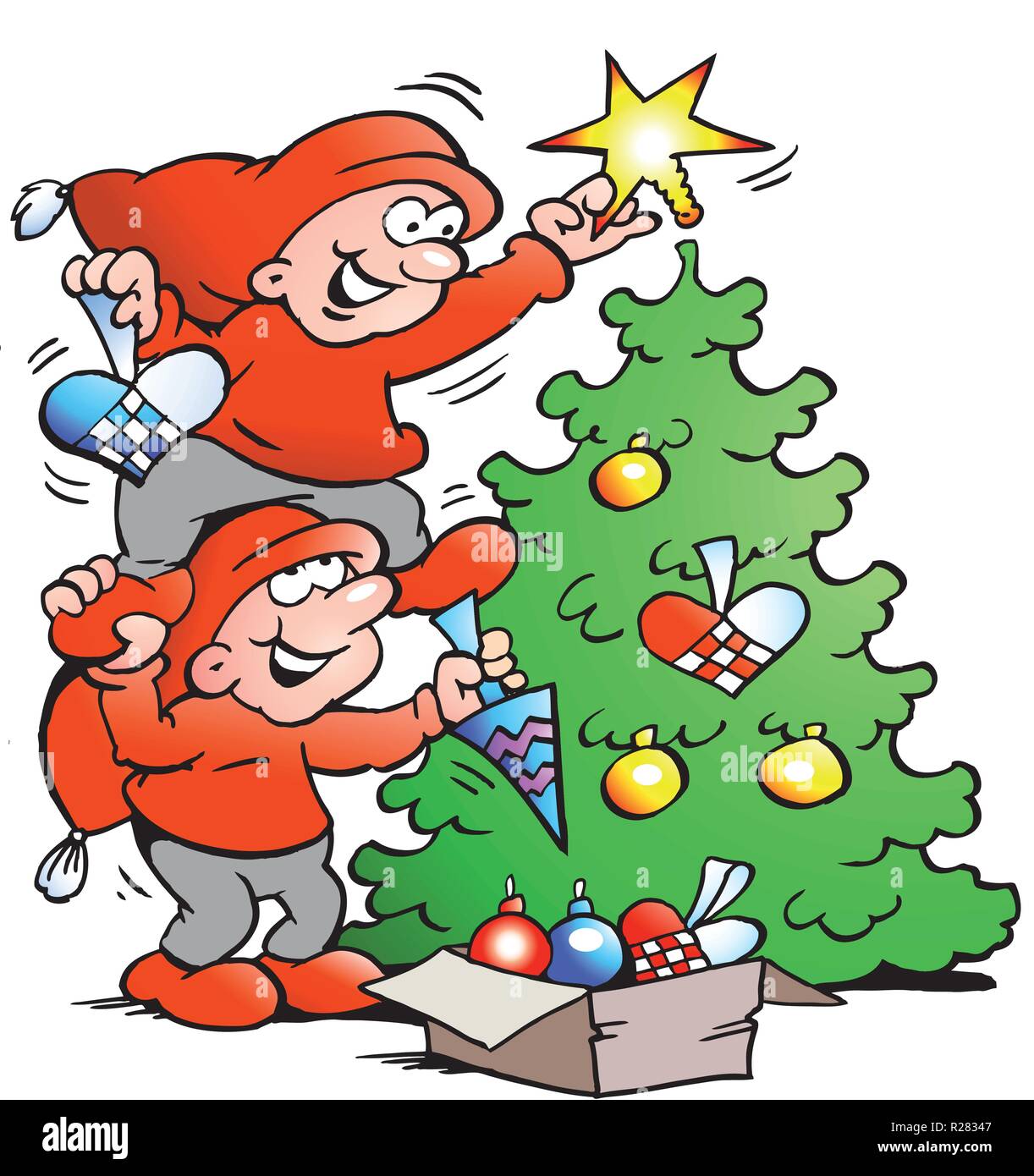 Vector Cartoon illustration of two happy Elf decorate the Christmas ...