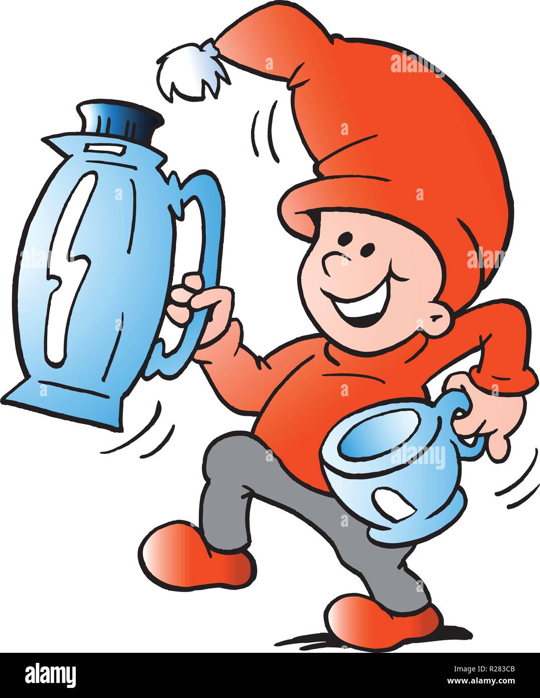 Vector Cartoon illustration of an happy Elf there runs a pitcher and ...