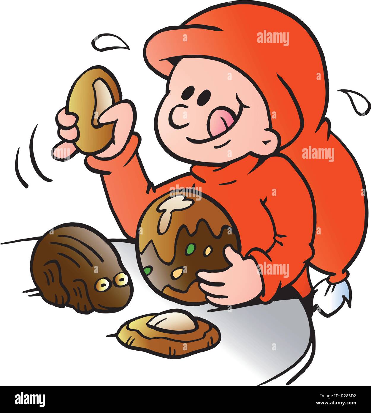 Vector Cartoon illustration of an happy Elf that eats delicious ...