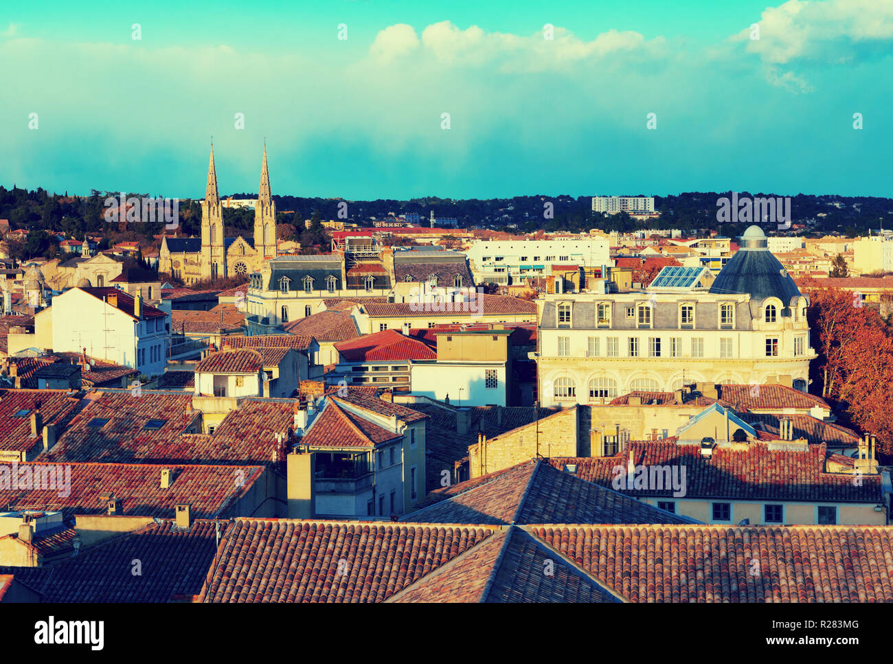 Aerial view of Nimes with Church Saint-Baudile, France Stock Photo - Alamy