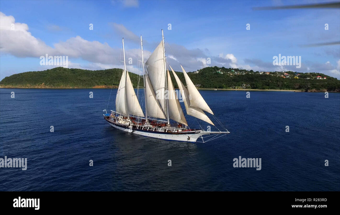 Aerial photo of old sailing boat on open sea. Side view Stock Photo - Alamy