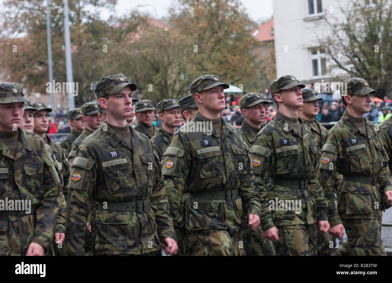 European street, Prague-October 28, 2018: Students of Military High ...