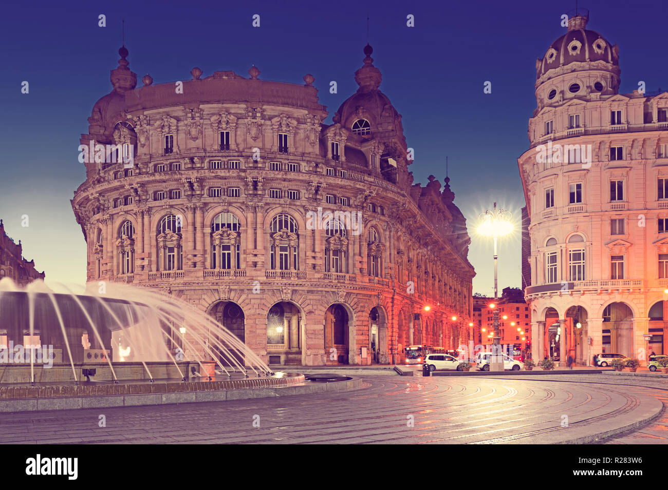 Evening view of Piazza de Ferrari, main square of Genoa, Italy Stock ...