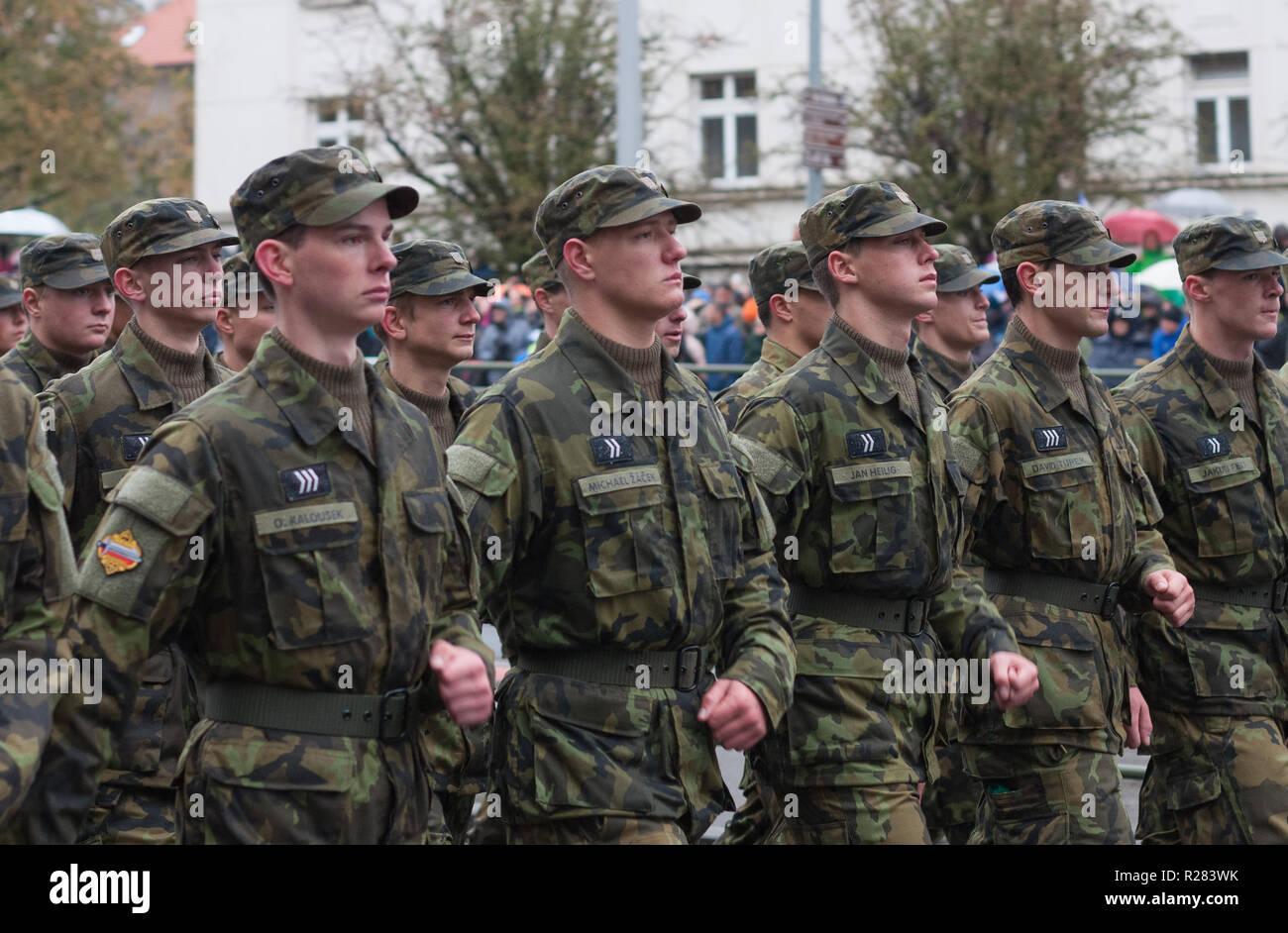 European street, Prague-October 28, 2018: Students of Military High ...