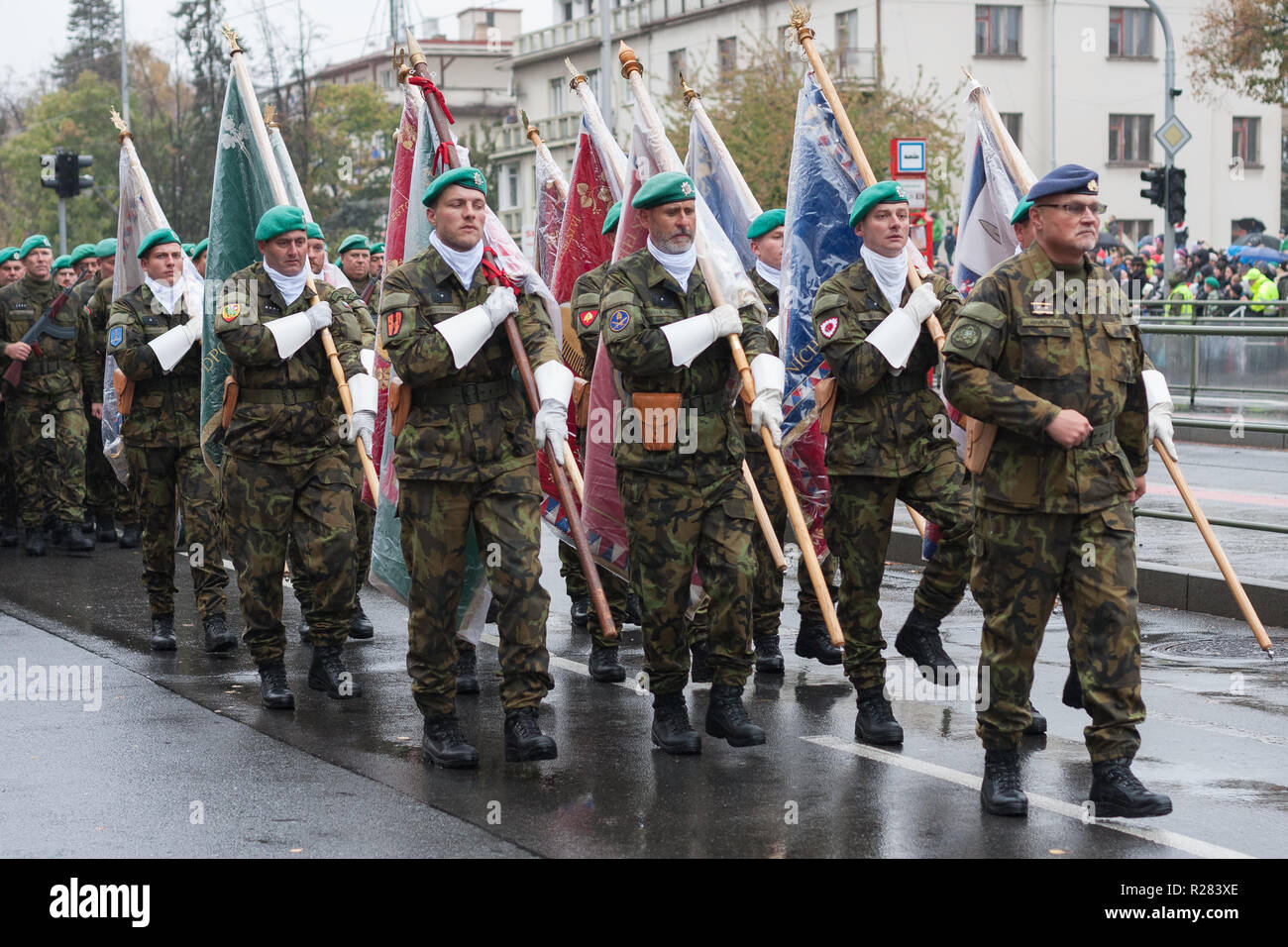 European street, Prague-October 28, 2018: Soldiers of Czech Army are ...
