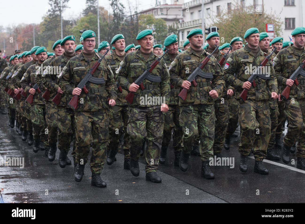 European street, Prague-October 28, 2018: Soldiers of Czech Army are ...
