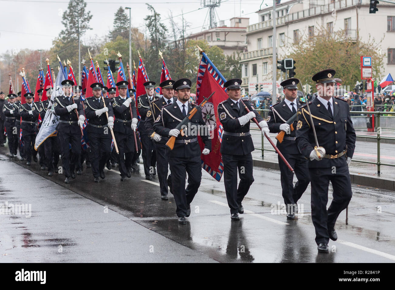 European street, Prague-October 28, 2018: Police workers of Czech ...