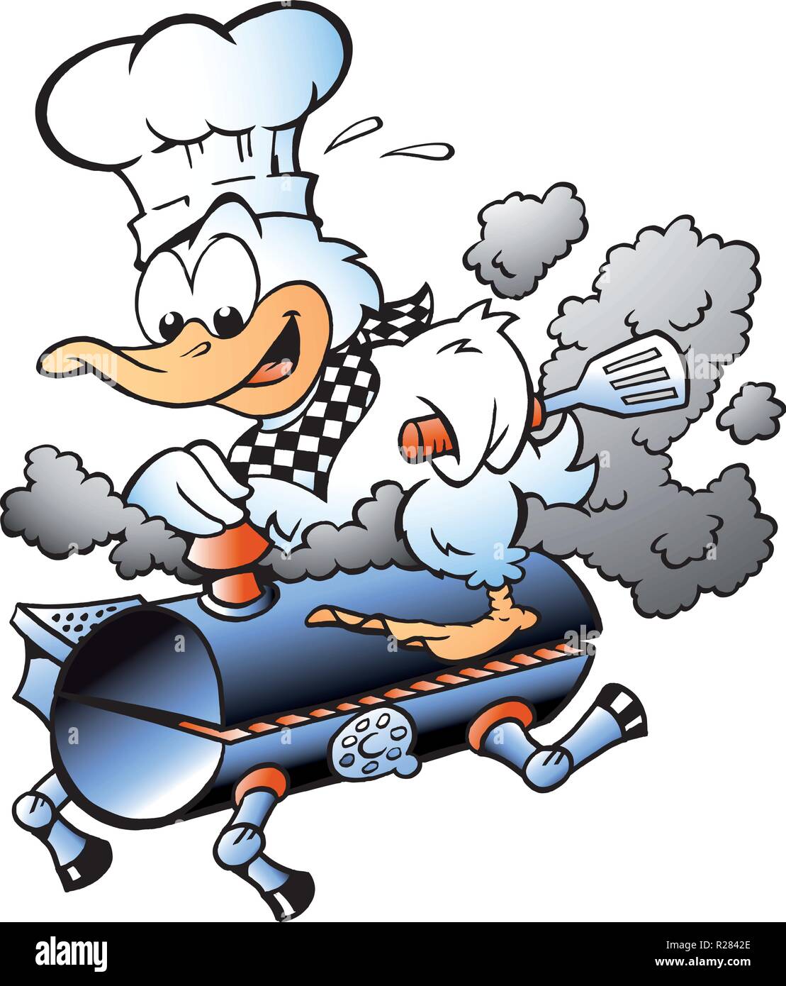 Cartoon Vector illustration of an Chef Duck riding a BBQ grill barrel ...