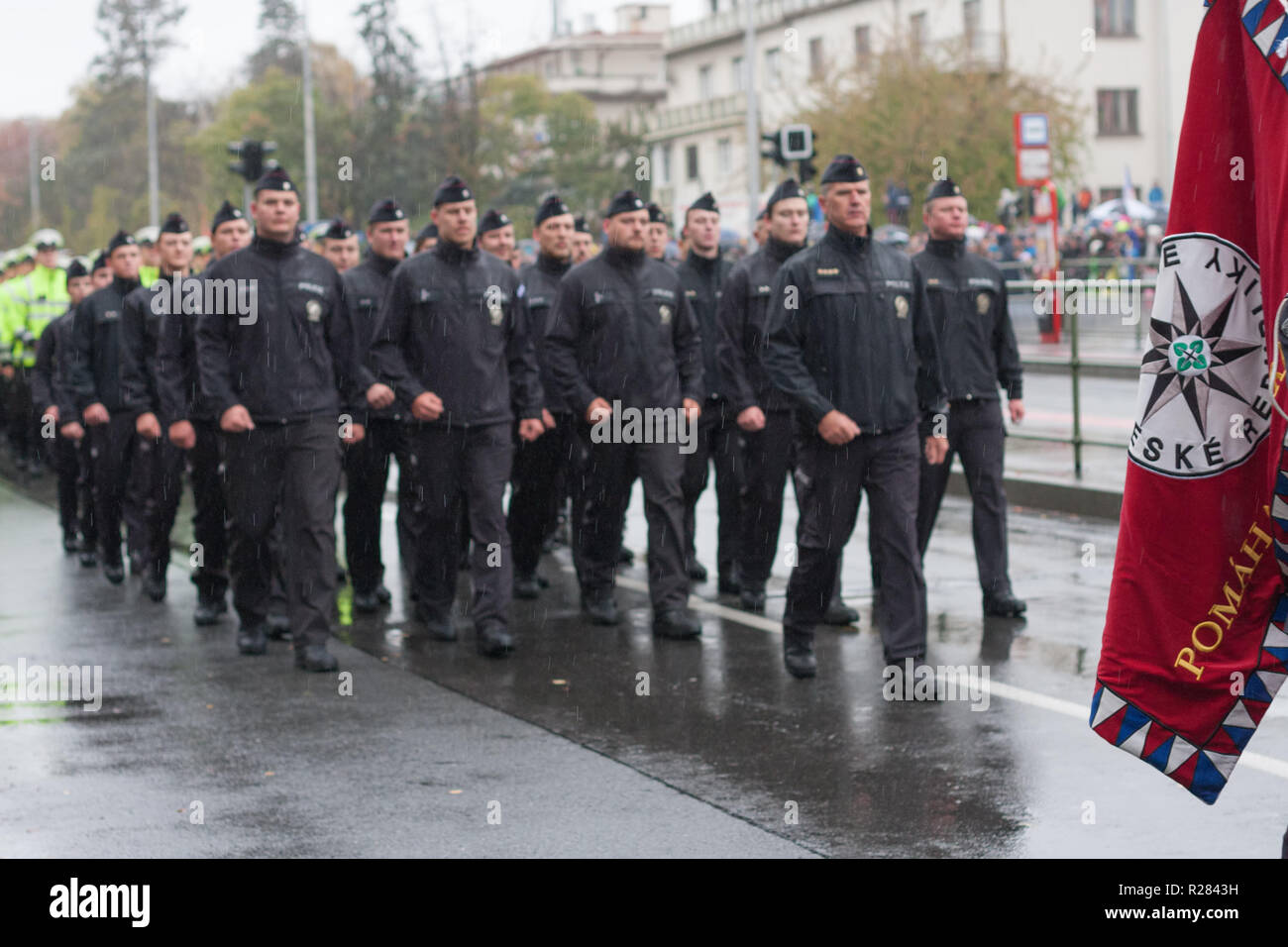 European street, Prague-October 28, 2018: Flag of Police of Czech ...