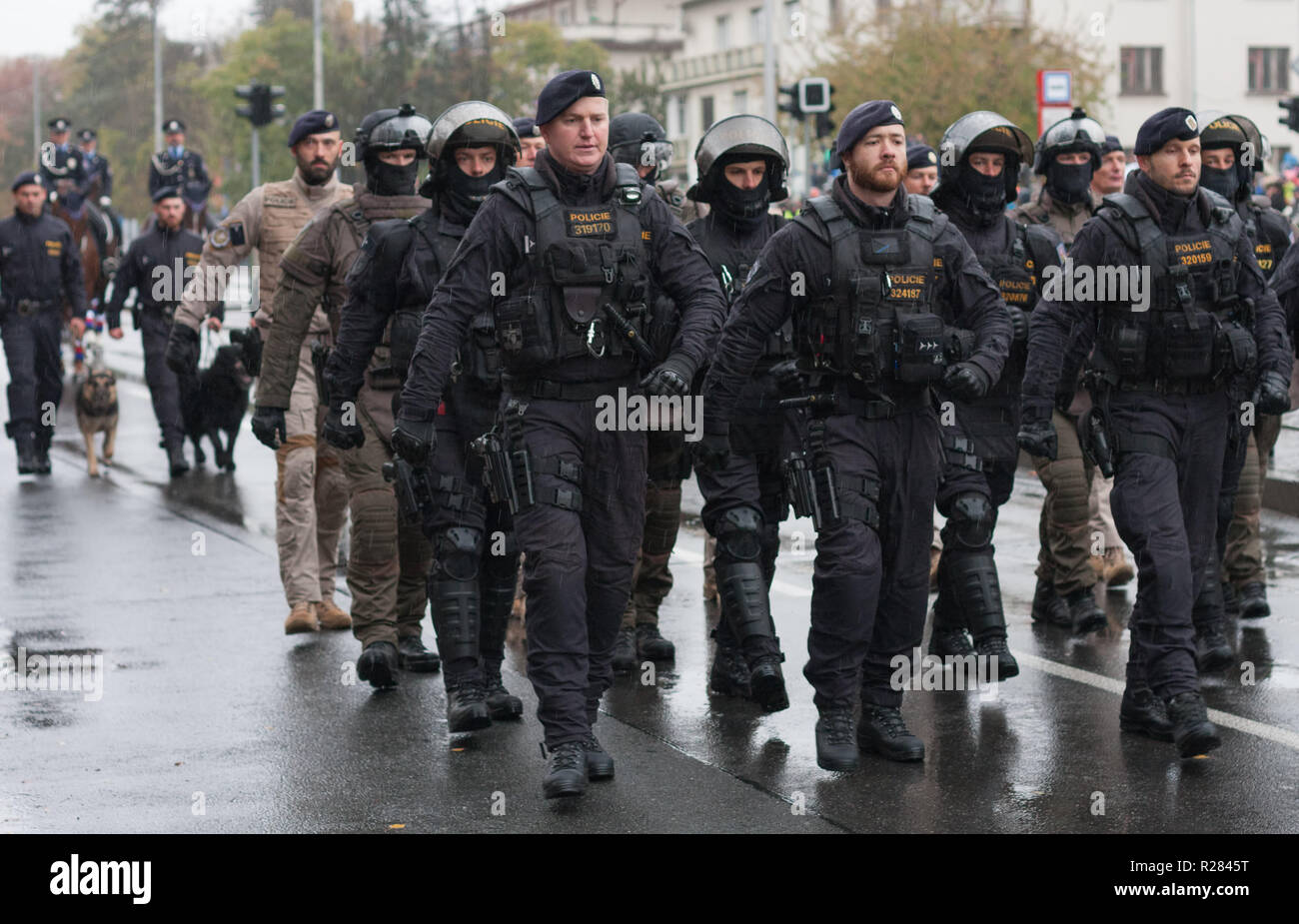 European street, Prague-October 28, 2018: Police workers of Czech ...