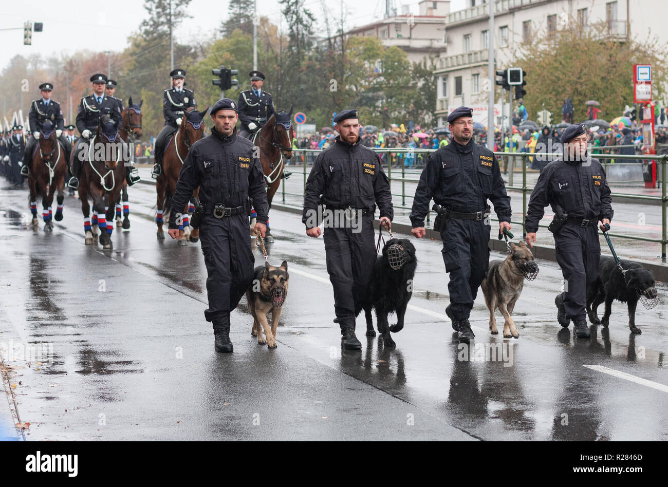 European street, Prague-October 28, 2018: Police workers with service ...